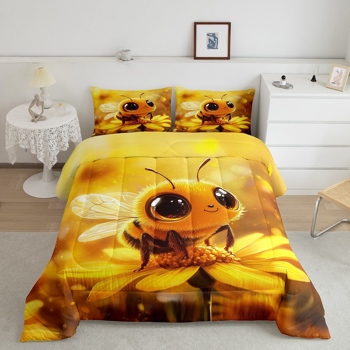 Erosebridal Cute Honey Bee Comforter Sets, Gold Floral Flower ...