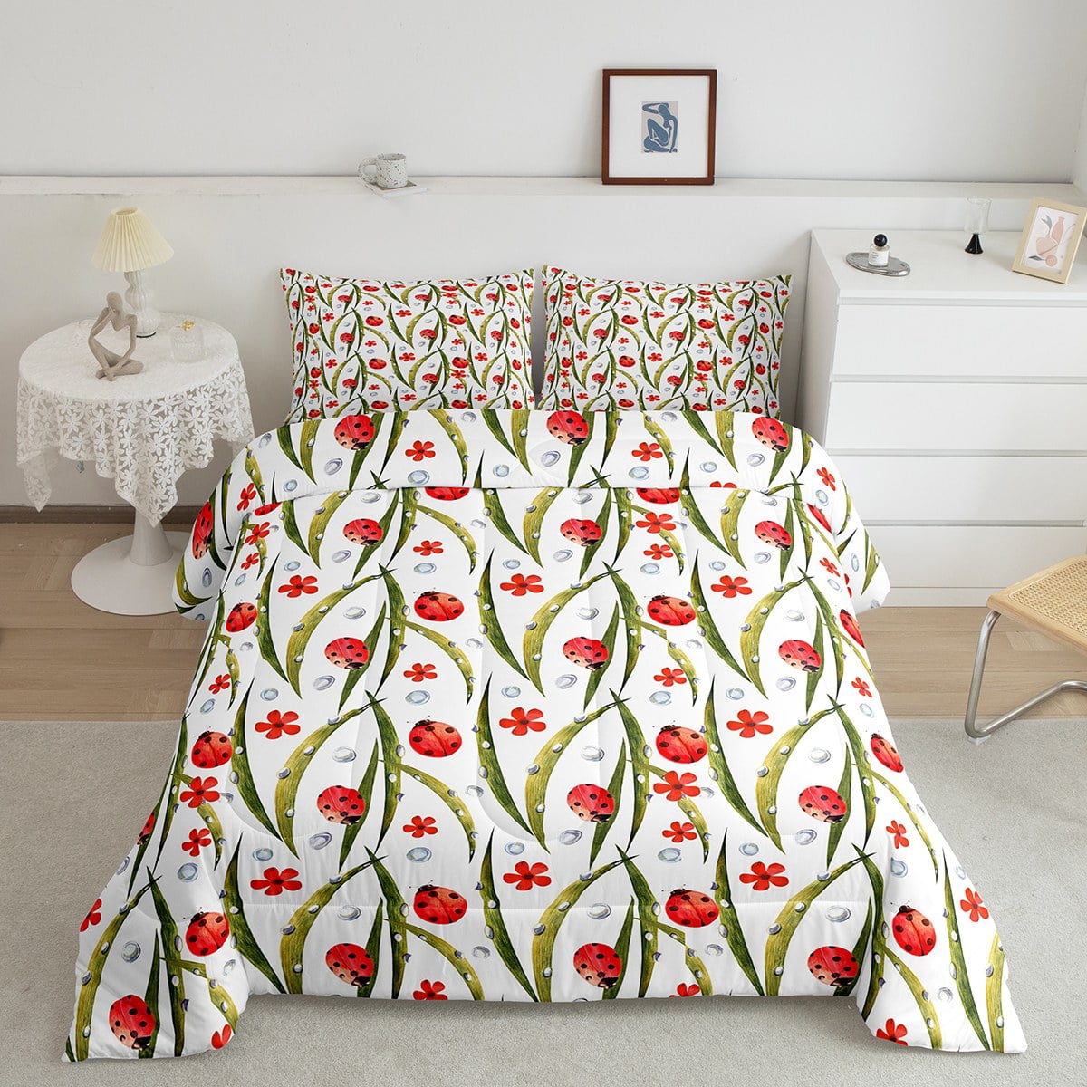 Erosebridal Cute Ladybug Bedding Queen Comforter Set, Green Botanical ...
