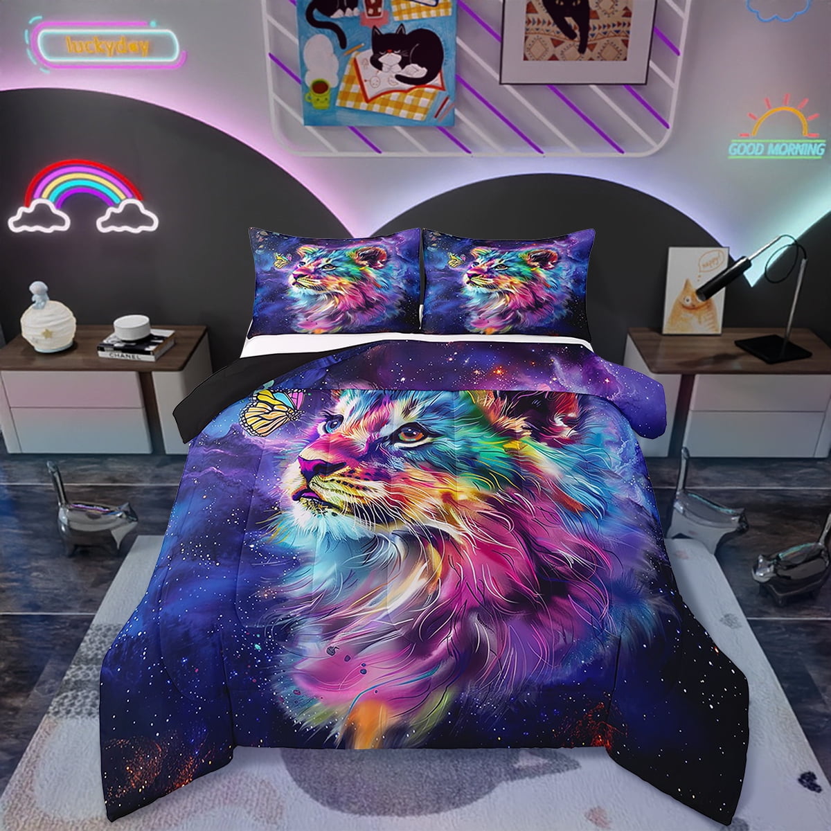 Erosebridal Cute Lion Twin Comforter Set Purple Galaxy Bedding Set Twin ...