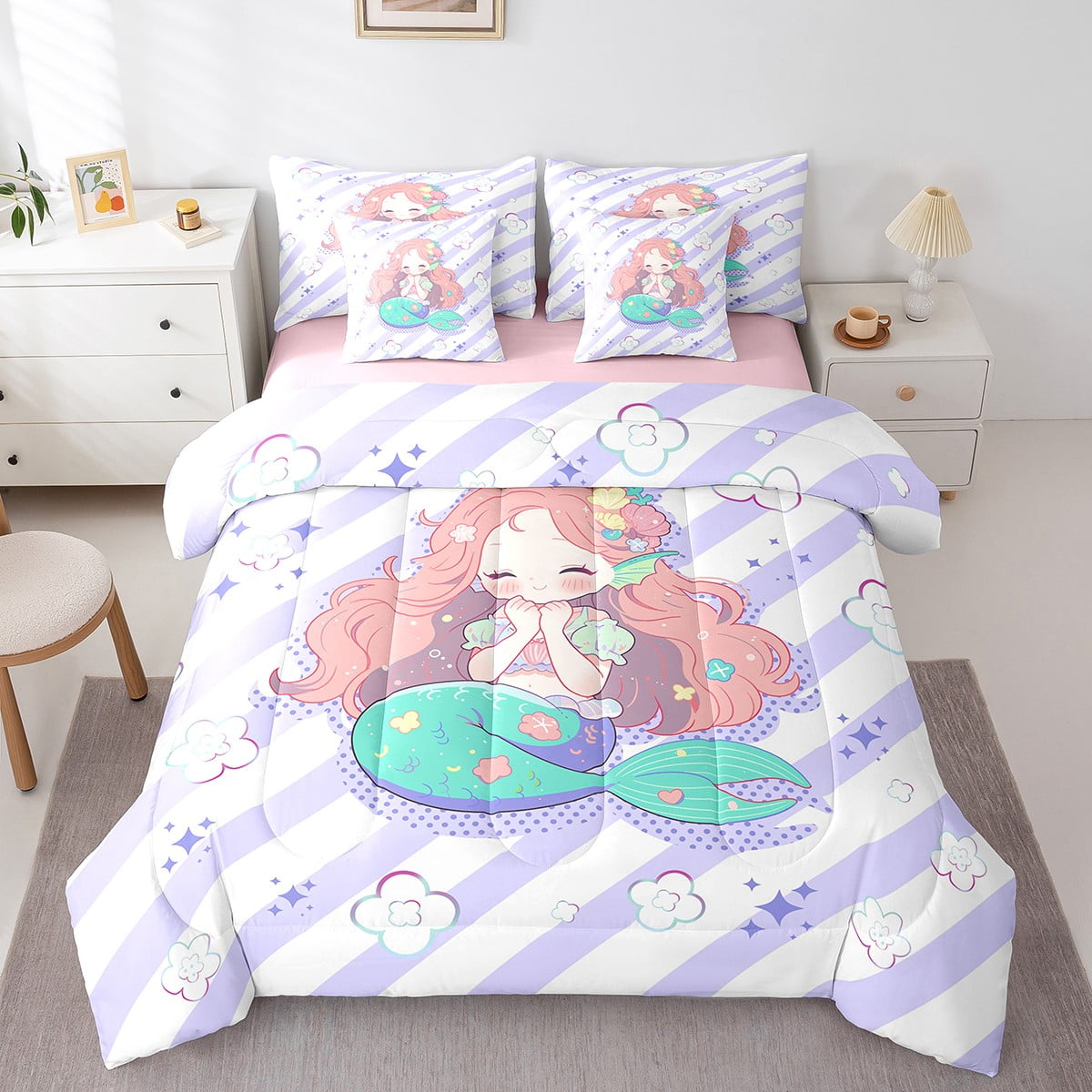 Erosebridal Cute Mermaid Bed in a Bag Twin size, Purple Bed Set, Dreamy ...