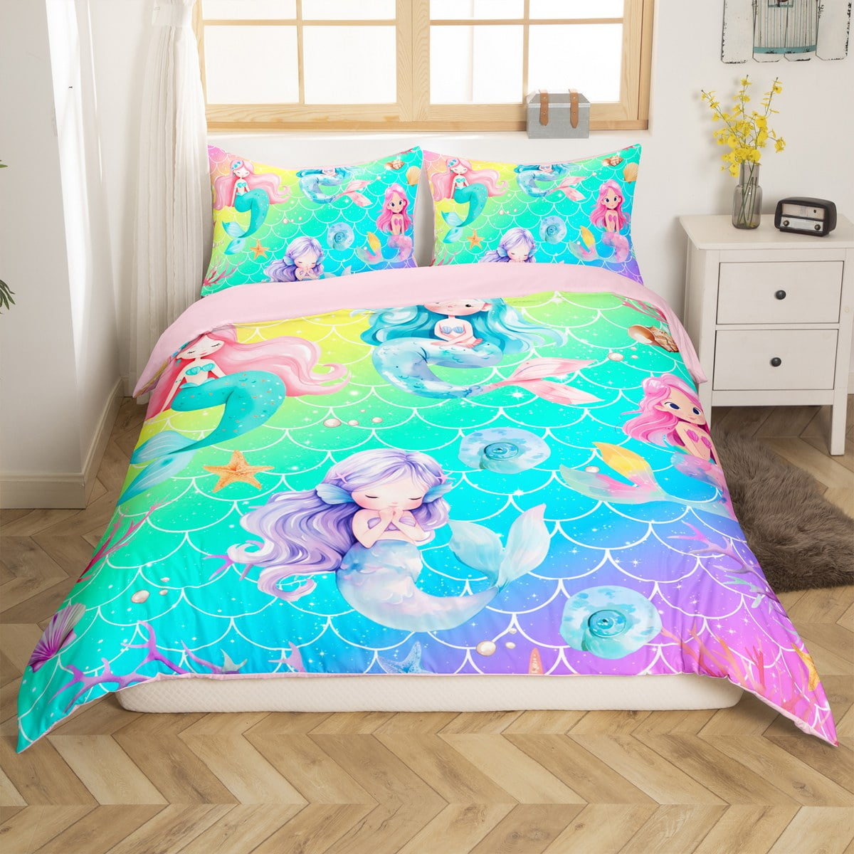 Erosebridal Cute Mermaid Comforter Cover Queen, Dreamy Mermaid Scale ...