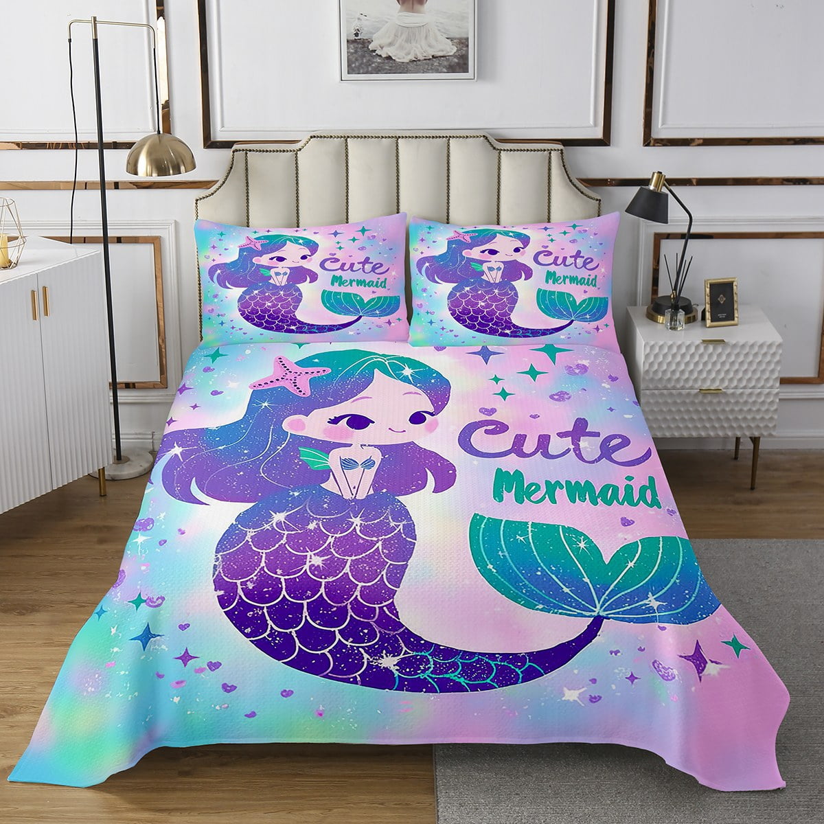 Erosebridal Cute Mermaid Coverlet Set Twin, Cartoon Princess Bedding ...