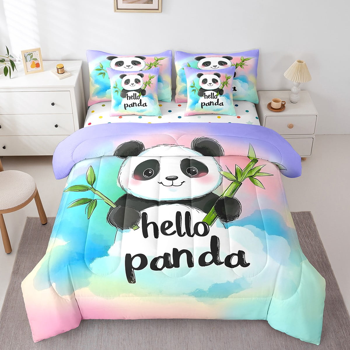 Erosebridal Cute Panda Bed in a Bag Queen size, Watercolor Bedding ...