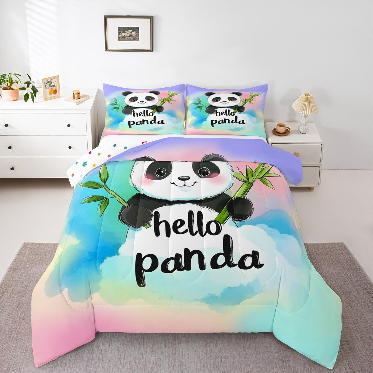 Erosebridal Cute Panda Bedding Sets with Comforter, Watercolor Bedding ...