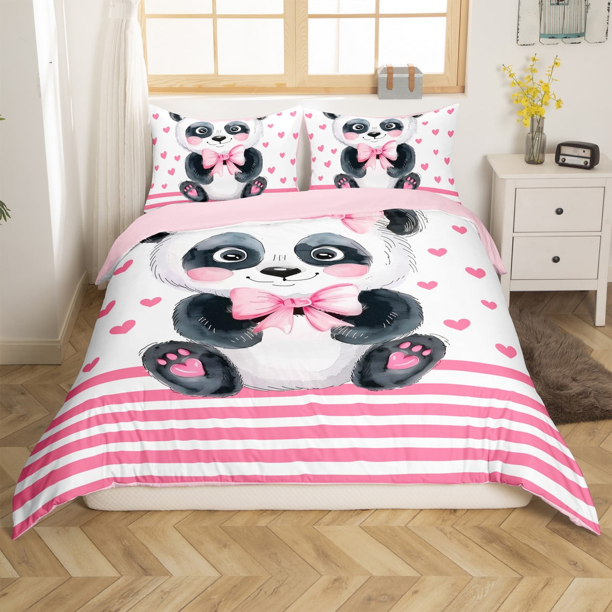Erosebridal Cute Panda Comforter Cover, Pink Heart Bedding, Stripe ...