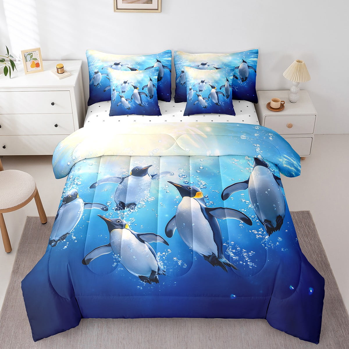 Erosebridal Cute Penguin Comforter Set Queen 7 Pcs Funny Animal Printed ...