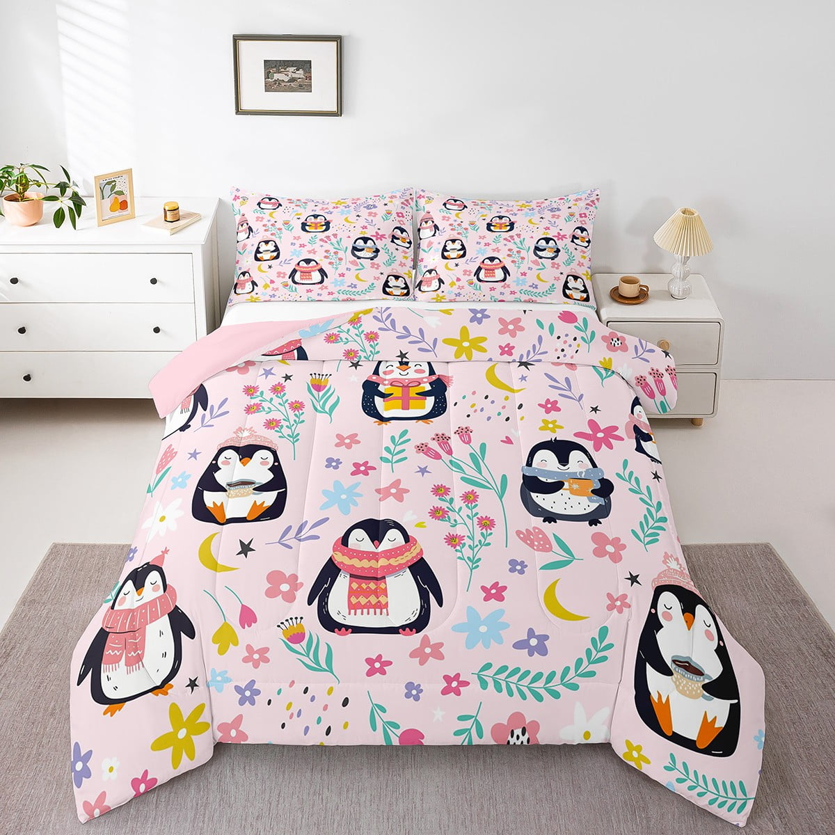 Erosebridal Cute Penguin Comforter Set Toddler Size,Pink Flower Bedding ...