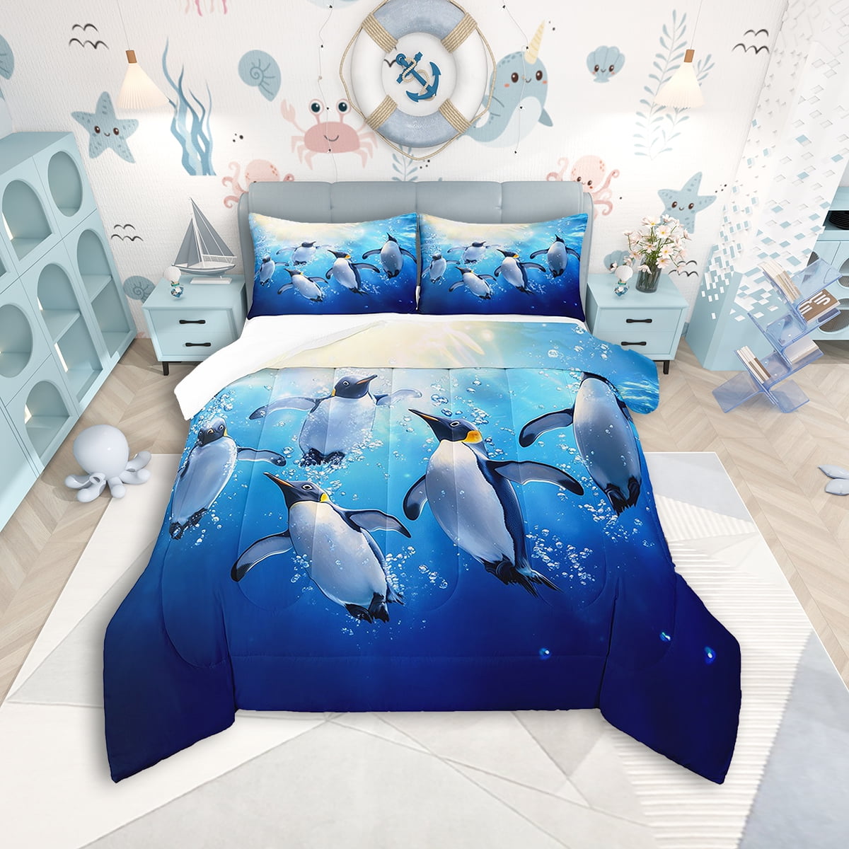Erosebridal Cute Penguin Comforter Set Twin Size Funny Animal Printed ...