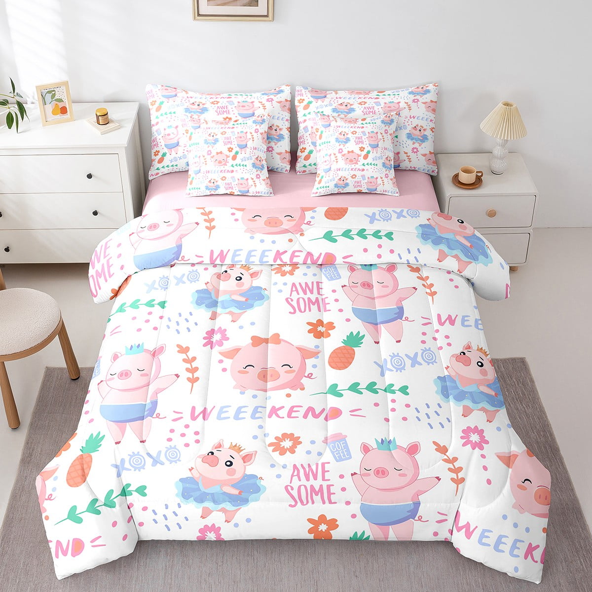 Erosebridal Cute Pig Bedding Sets King Size,Floral Animal Bed in a Bag ...