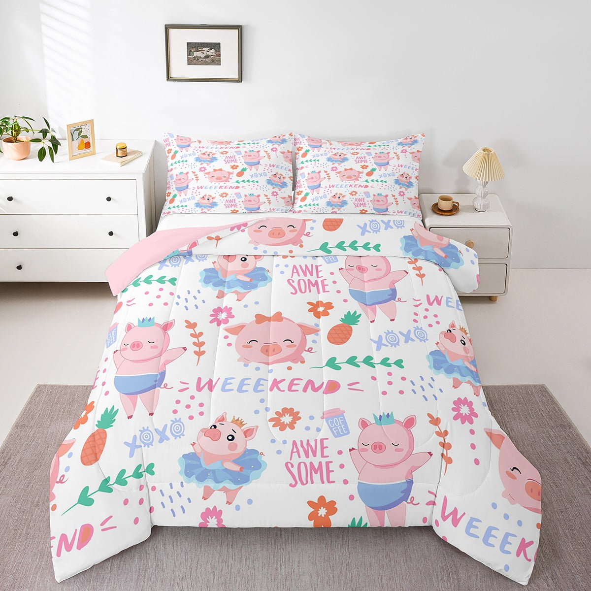 Erosebridal Cute Pig Comforter Sets Queen Size,Floral Animal Bedding ...