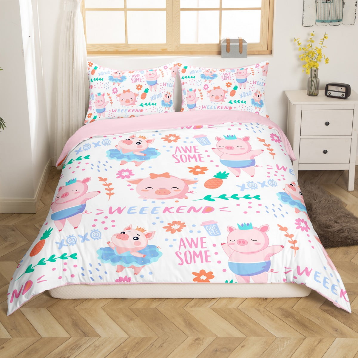 Erosebridal Cute Pig Duvet Cover Queen,Floral Animal Bedding Sets Queen ...