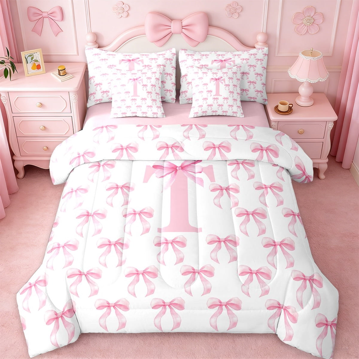 Erosebridal Cute Pink Bow 7-Piece Twin Bedding Sets For Girls,Letter A ...