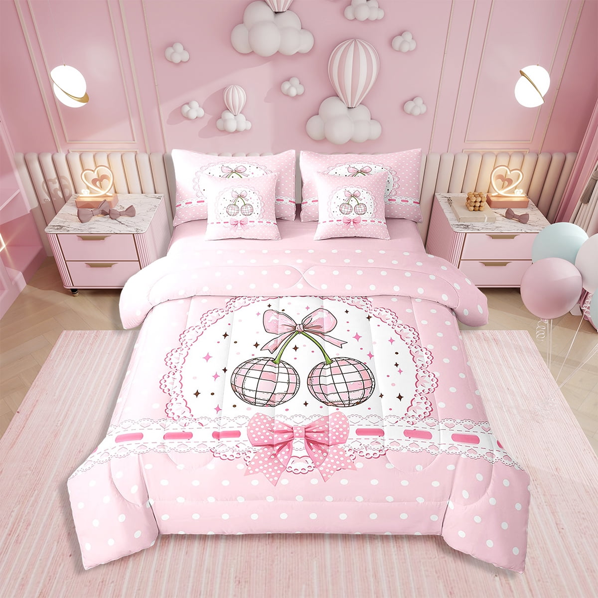 Erosebridal Cute Pink Bow Full Bedding Set,Pink Bows Cherry Comforter ...