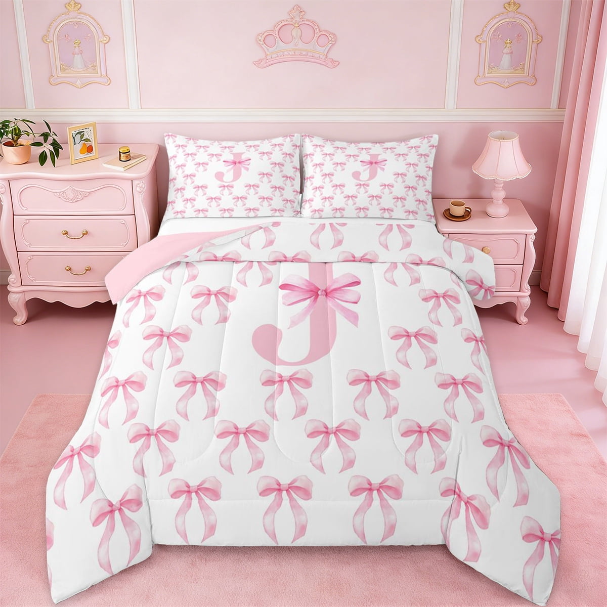 Erosebridal Cute Pink Bowknot Queen Comforter Set For Girls,Letter A ...