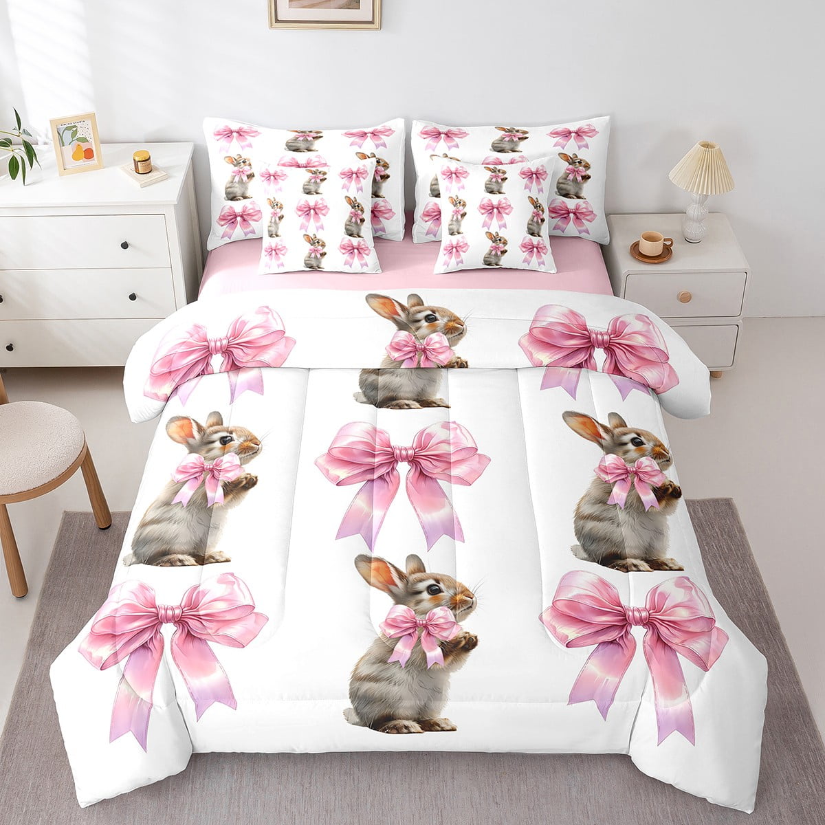 Erosebridal Cute Rabbit Bedding Sets Twin Size,Kawaii Bowknot Comforter ...