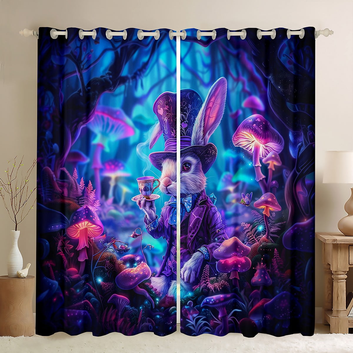 Erosebridal Cute Rabbit Curtains for Living Room, Neon Mushroom 30%-50% ...