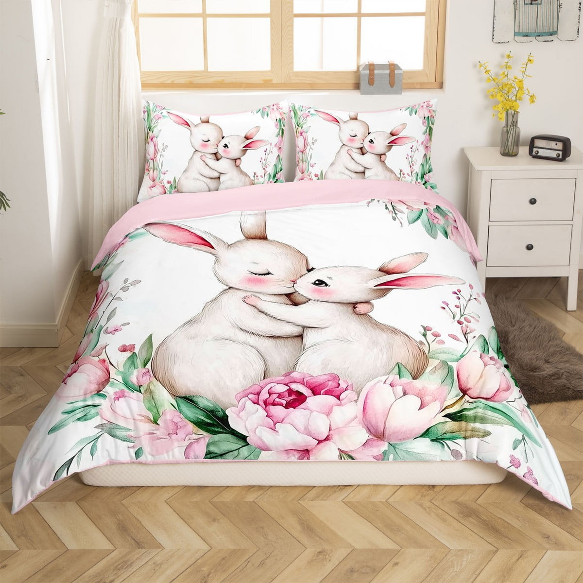 Erosebridal Cute Rabbit Duvet Cover Set Kawaii Animal Floral Decor ...