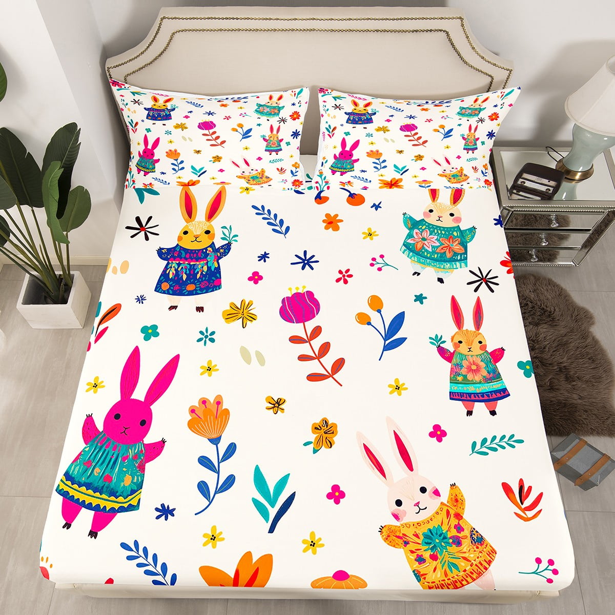 Erosebridal Cute Rabbit Queen Bedding Set,Cartoon Bunny Floral Fitted ...