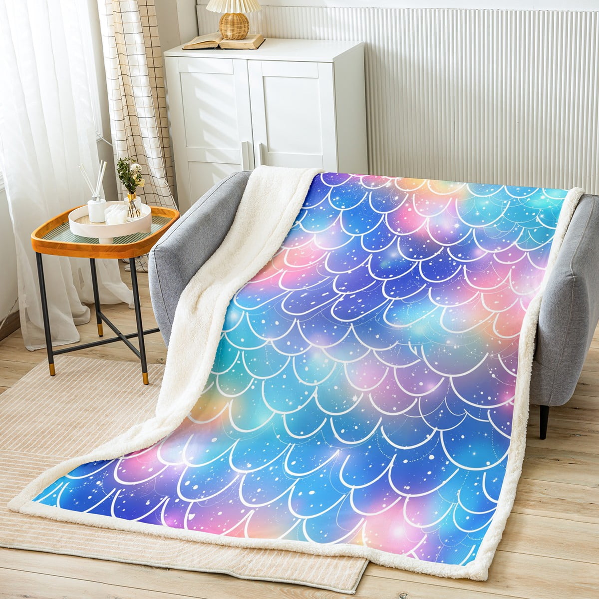 Erosebridal Cute Rainbow Gradient Blanket Throw,Blue Pink Mermaid Tail ...