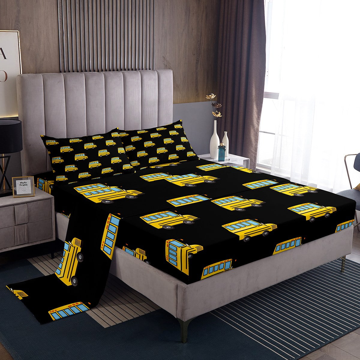 Erosebridal Cute School Bus Bed Sheets Set Full Size, Black Orange ...