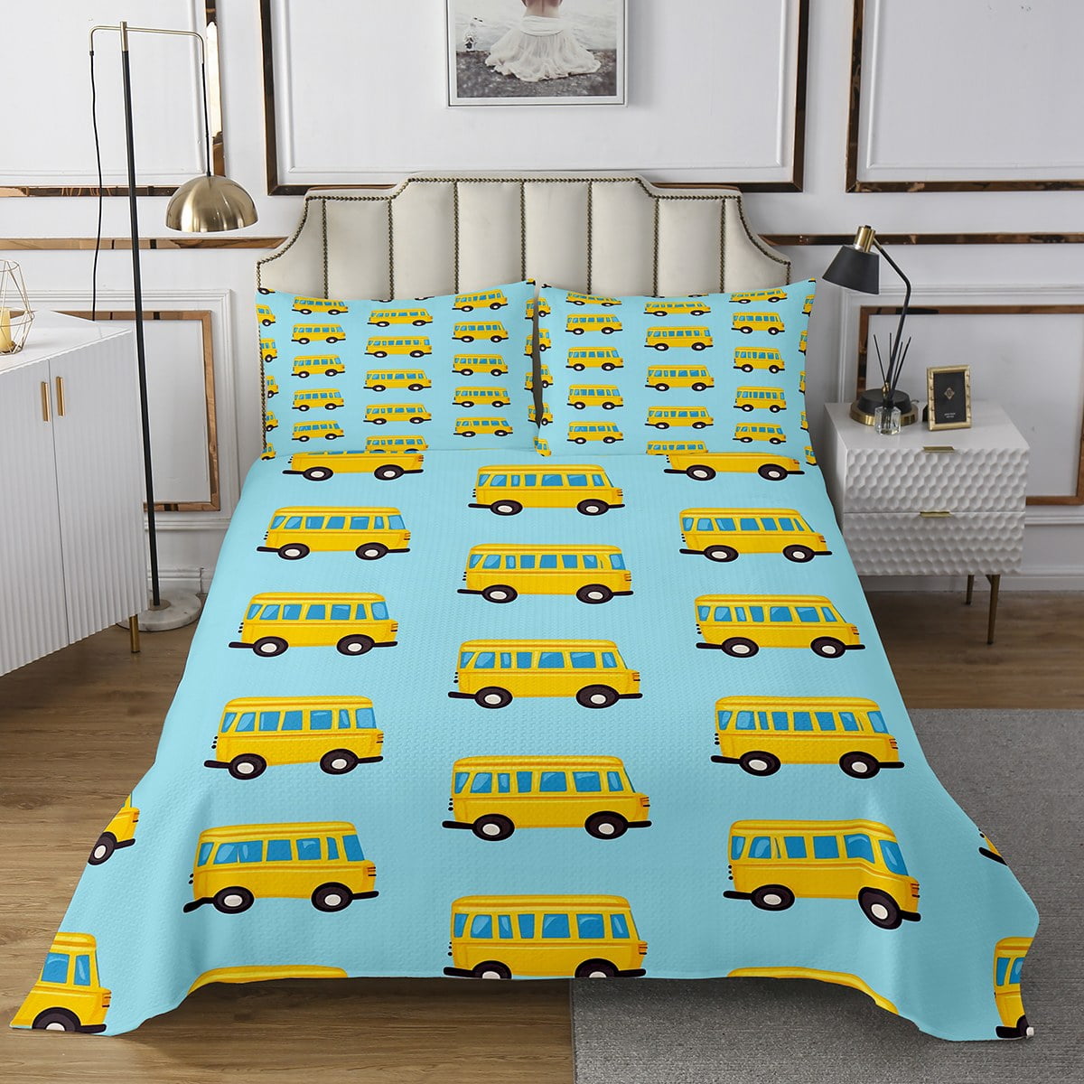 Erosebridal Cute School Bus Quilt Sets for King Size Bed, Blue Orange ...