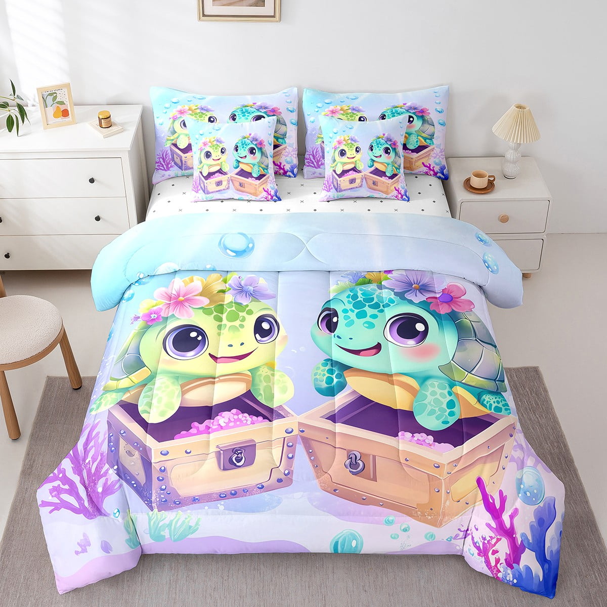 Erosebridal Cute Sea Turtle Comforter Set King 7 Pcs Cartoon Ocean ...