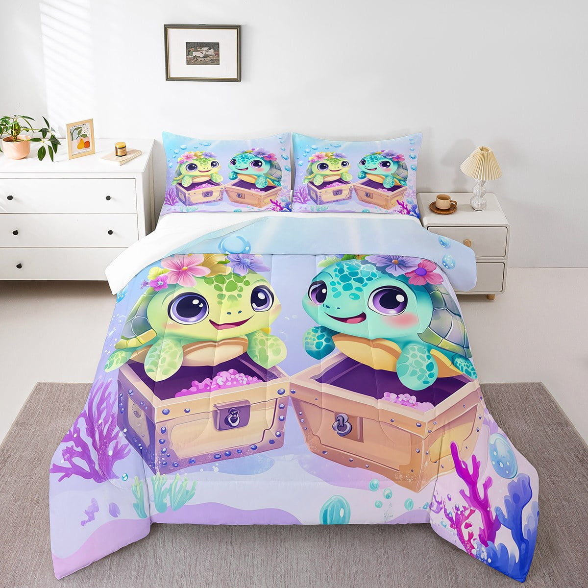 Erosebridal Cute Sea Turtle Comforter Set Toddler Cartoon Ocean Animal ...