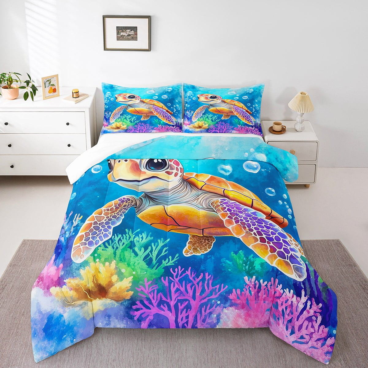 Erosebridal Cute Sea Turtle Comforter Set Toddler Kawaii Ocean Animal ...