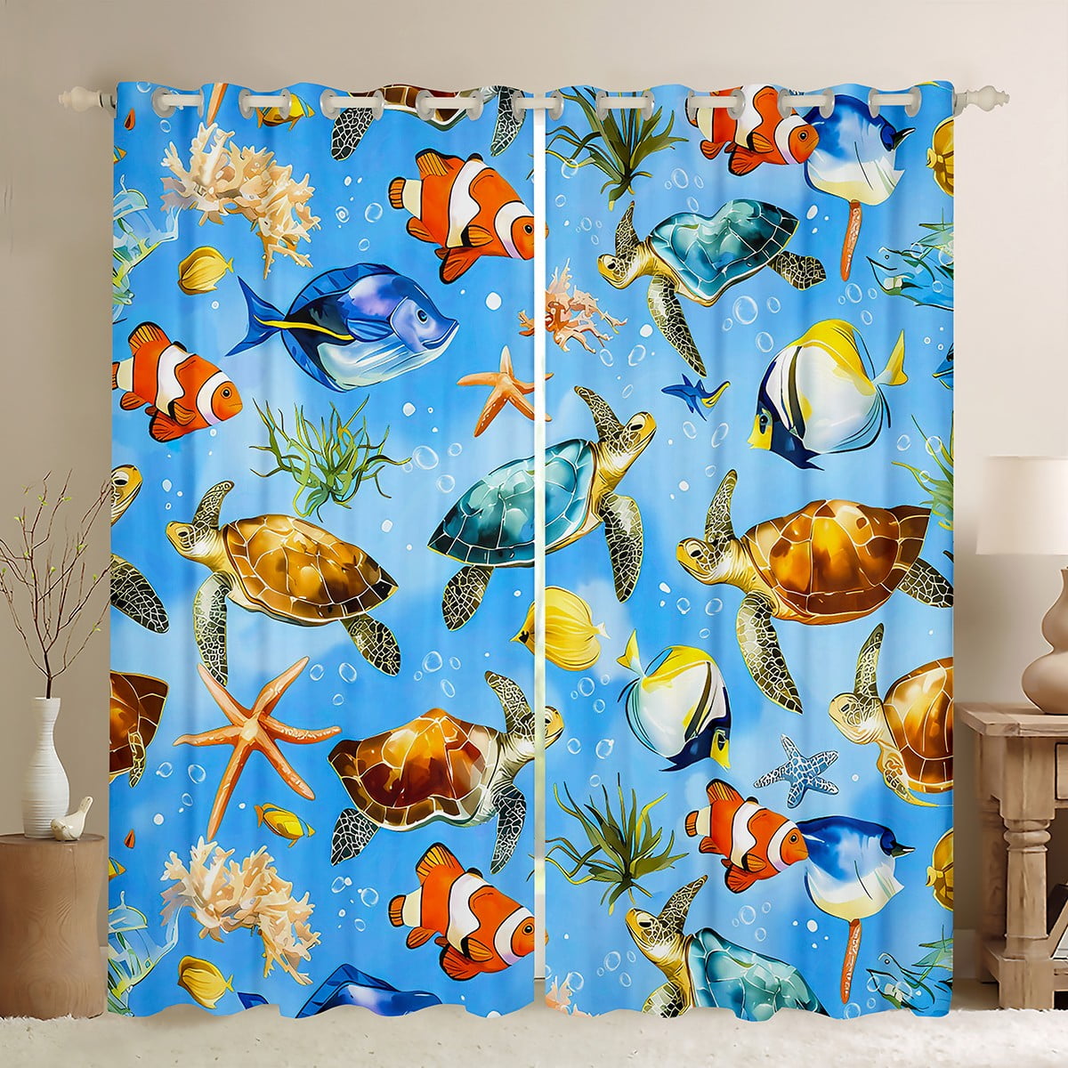 Erosebridal Cute Sea Turtle Curtains for Living Room, Ocean Fish 30%-50 ...
