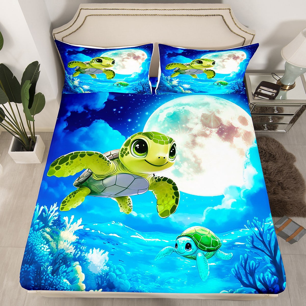Erosebridal Cute Sea Turtle Fitted Sheet Set Twin, Dreamy Moon Bedding ...