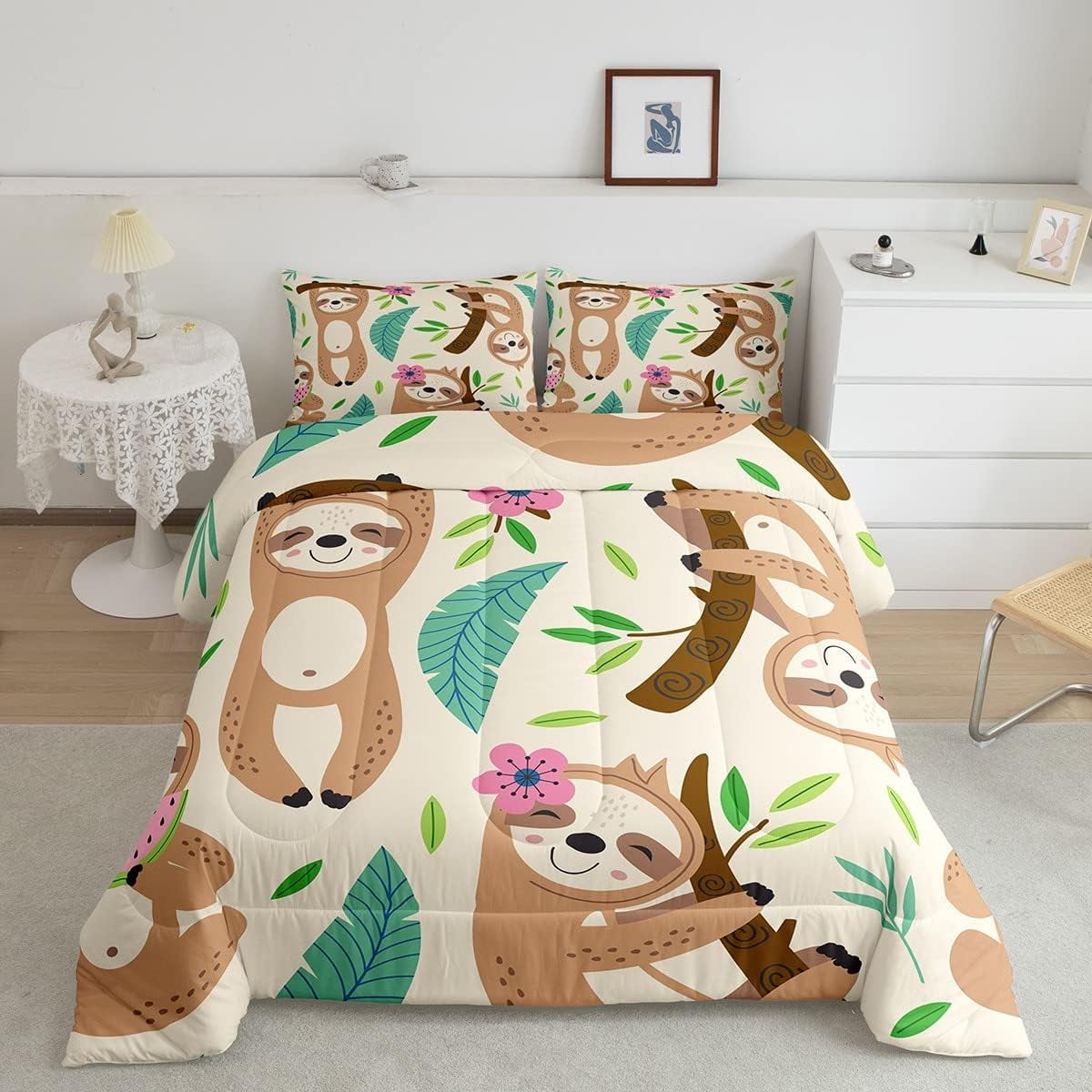 Erosebridal Cute Sloth Comforter Set Kawaii Animal Bedding Set Tropical ...
