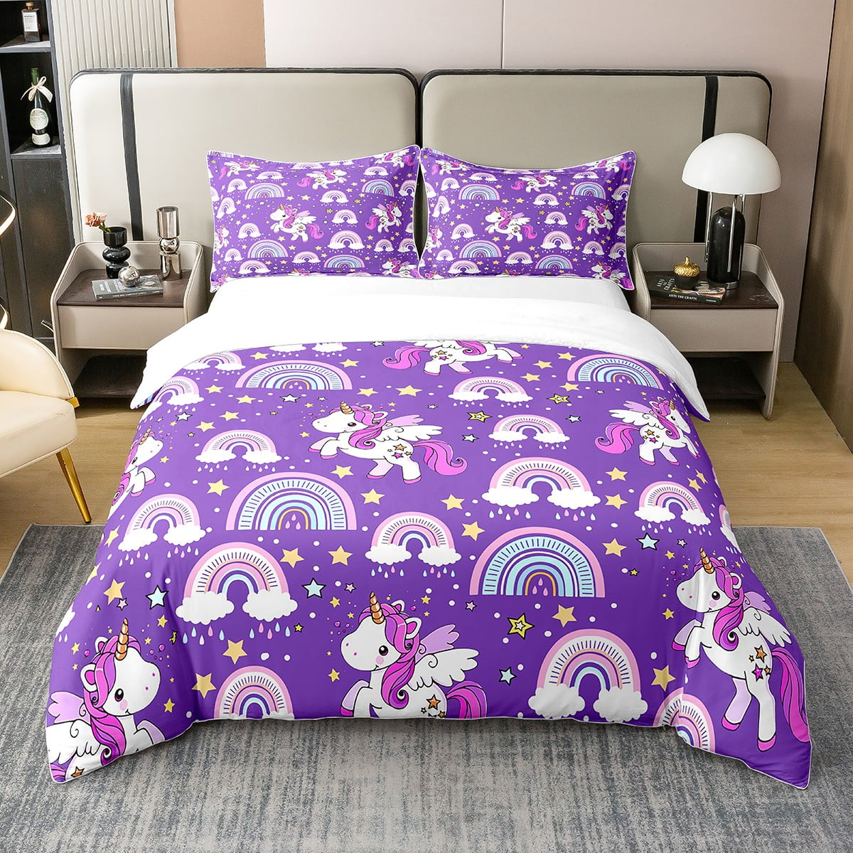 Erosebridal Cute Unicorn 100% Cotton Duvet Cover Queen Size, Kawaii Star Rainbow Bedding Queen ...