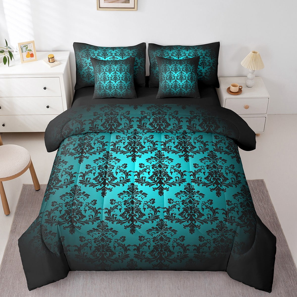 Erosebridal Cyan Damask Bedding Full Size, Boho Flower Print Bedding ...