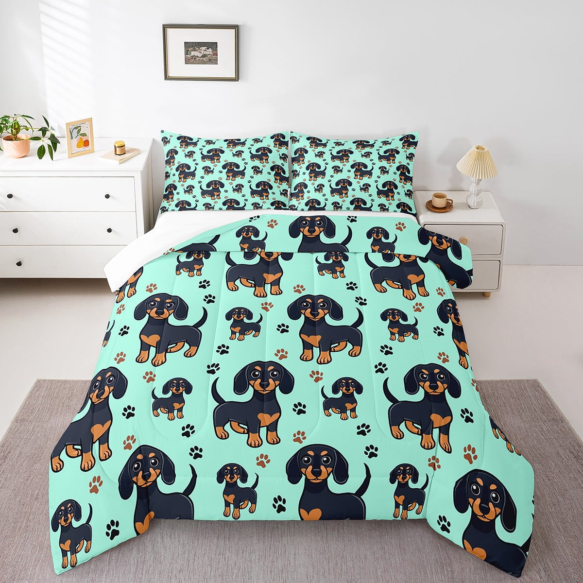 Erosebridal Dachshund Dog Bedding Sets With Comforter, Cute Doggy Paws ...