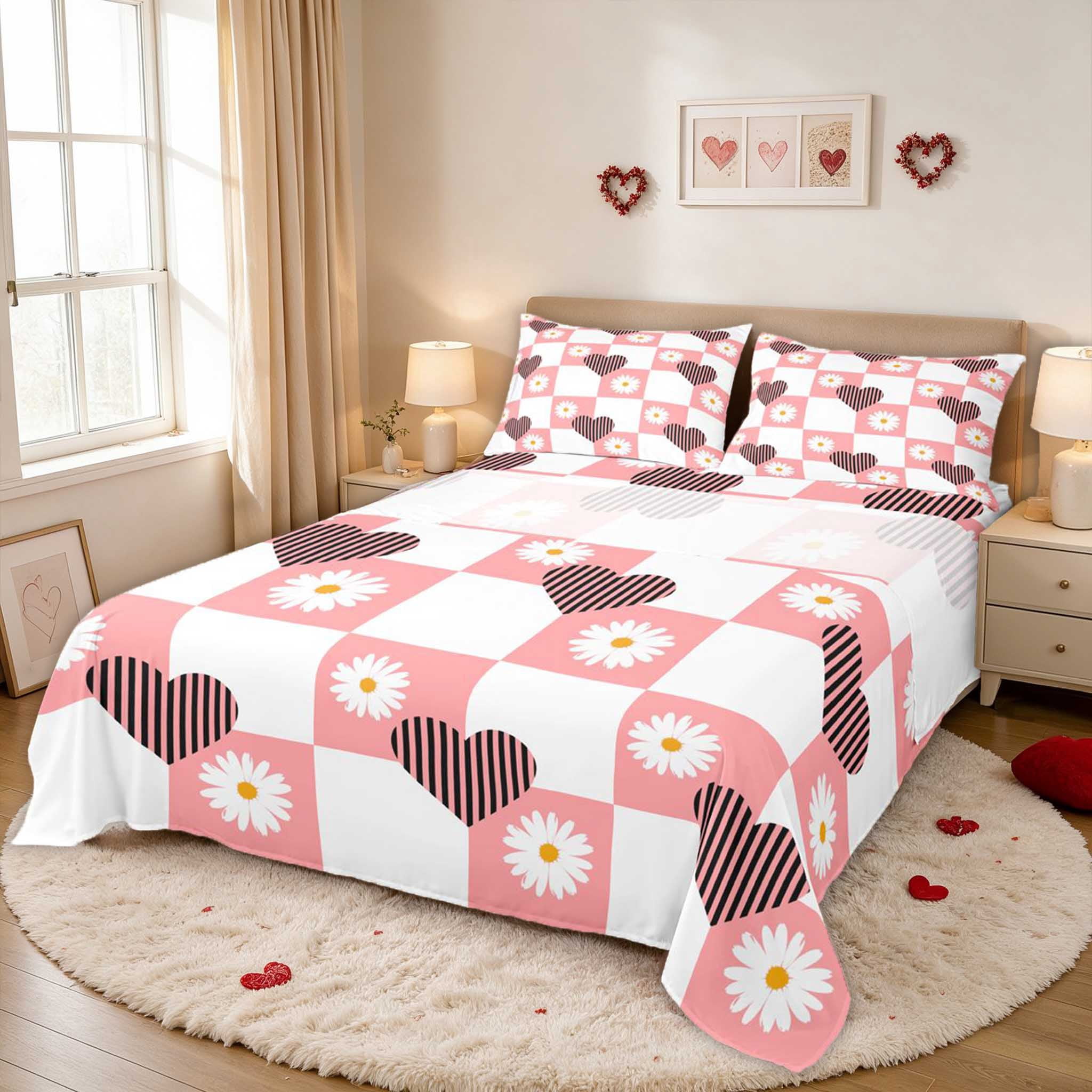 Erosebridal Daisy Heart Checkered Flower Bed Sheets for Girls, Striped ...