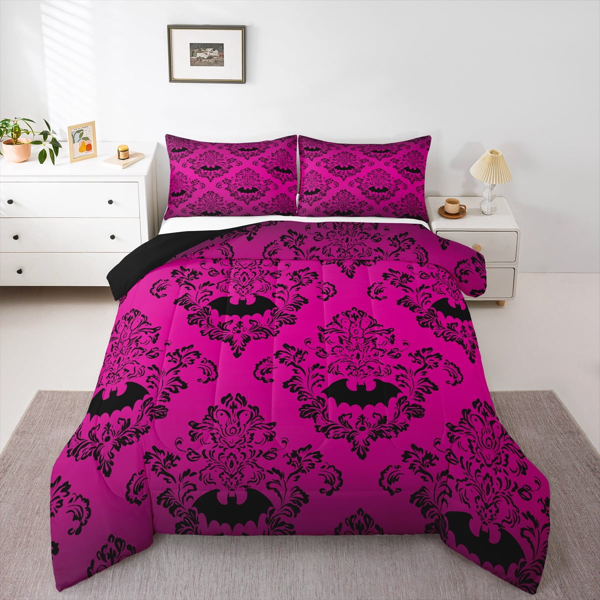 Erosebridal Damask Flower Print Comforter Sets Twin Size, Hippie Bat ...