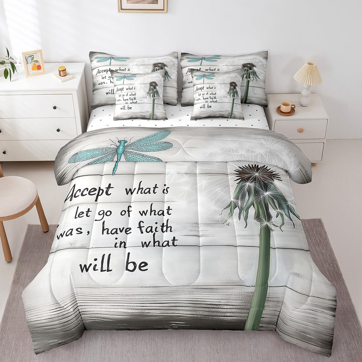 Erosebridal Dandelion Bedding Sets Queen Size, Motto Print Comforter ...