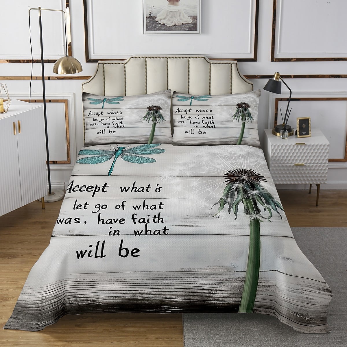 Erosebridal Dandelion Coverlet Set Queen, Motto Print Bedding Set ...