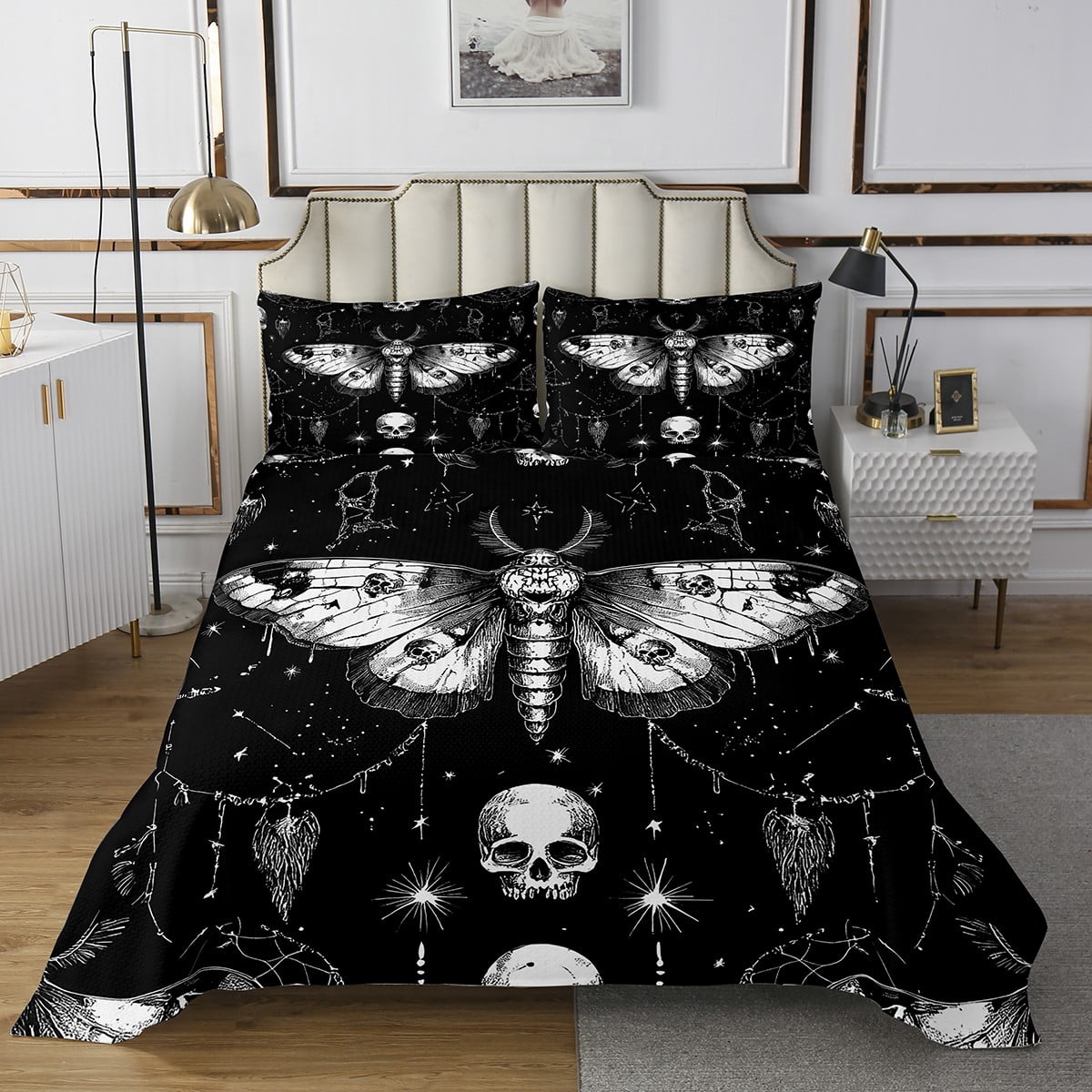 Erosebridal Death Moth Coverlet Set King Size, Sugar Skull Quilted ...