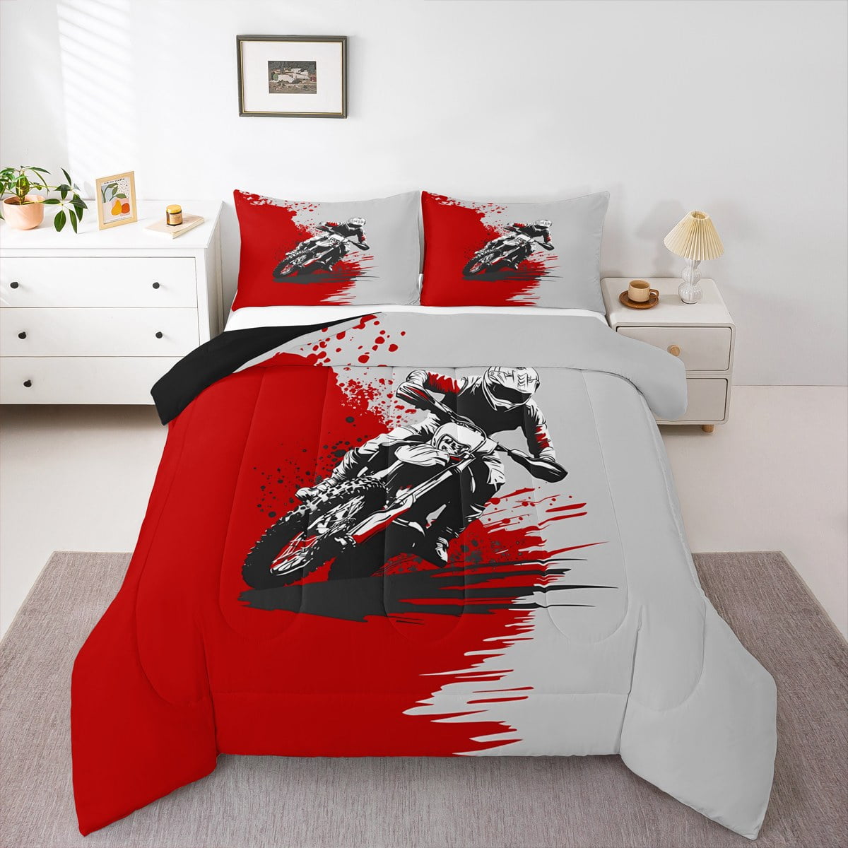 Erosebridal Dirt Bike Bedding Queen Comforter Set,Sports Down Comforter,Splash Red Bedding Sets ...
