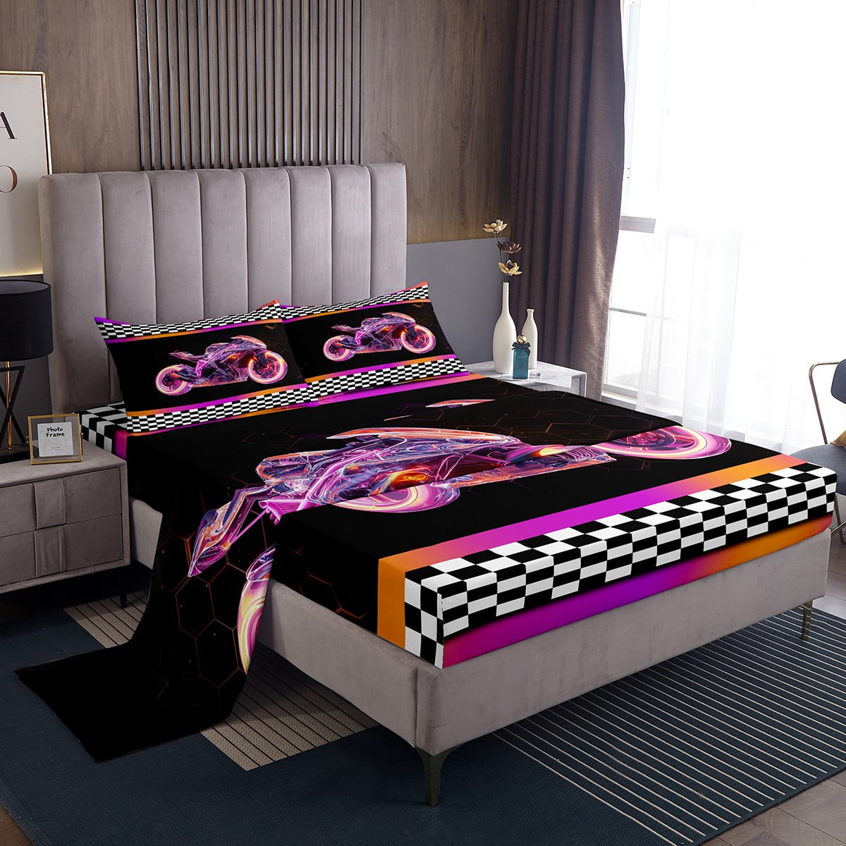 Erosebridal Dirt Bike Sheet Set Twin for Teens, Black White Checkered ...