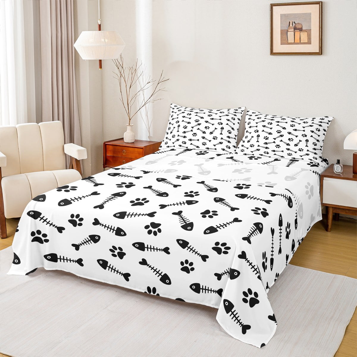 Erosebridal Dog Paw Print Bed Sheets Set Queen Size,Cartoon Fish Bone ...