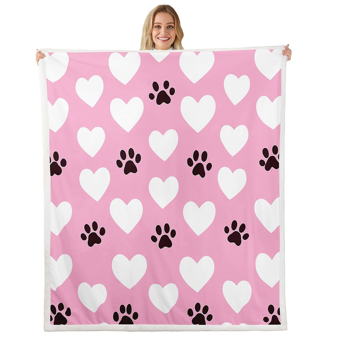 Erosebridal Dog Paw Print Sherpa Blanket Love Heart Pattern Fleece ...