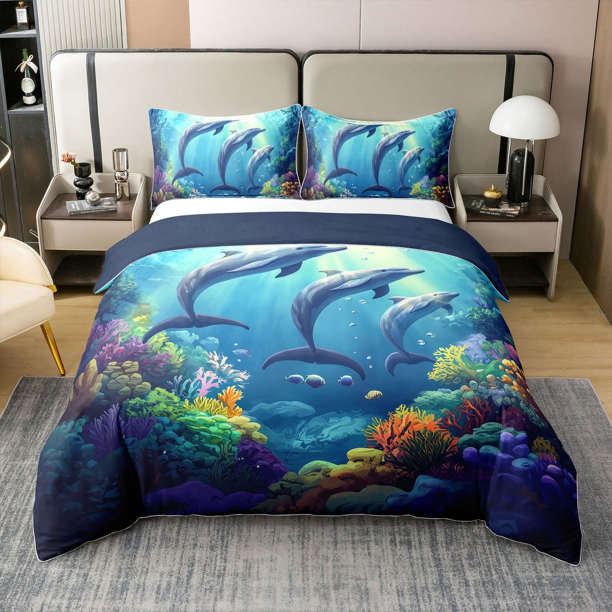 Erosebridal Dolphin 100% Cotton Duvet Cover Full Size Cute Ocean Animal Jumping Dolphins Bedding ...