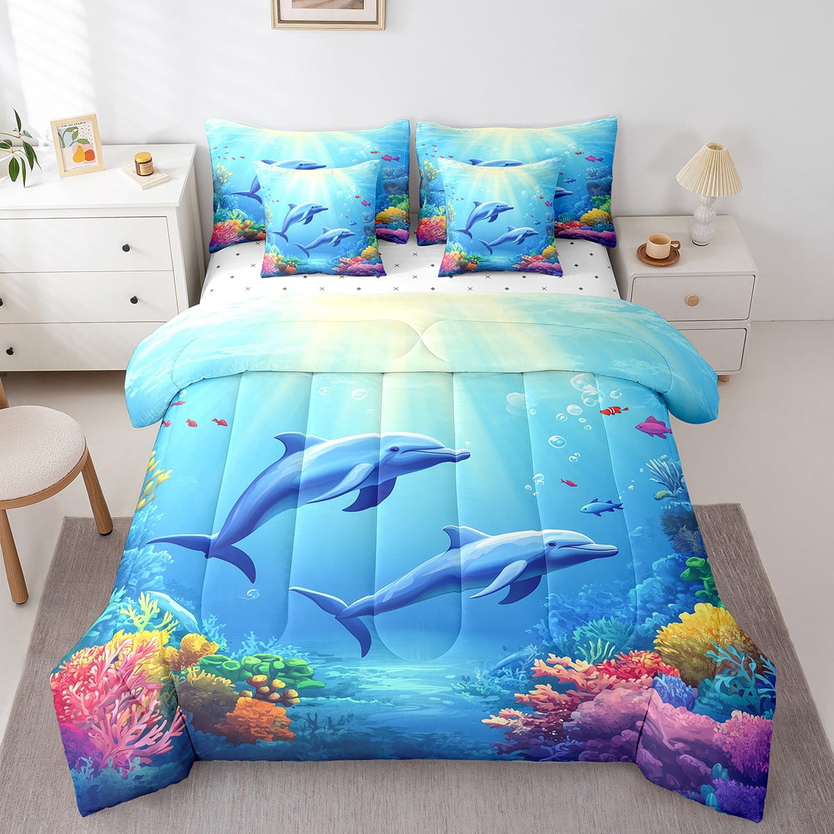 Erosebridal Dolphin Comforter Set Full Size 7 Pieces Fish Ocean Marine ...