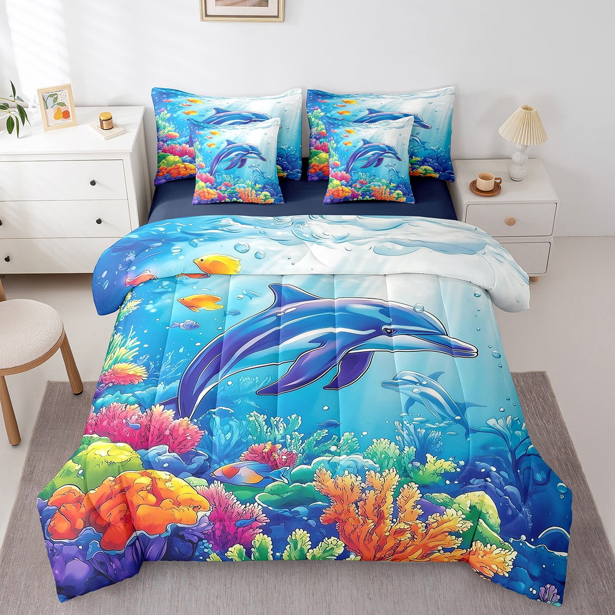 Erosebridal Dolphin Comforter Set Full Size 7 Pieces Fish Sea Creatures Bedding Set Ocean ...