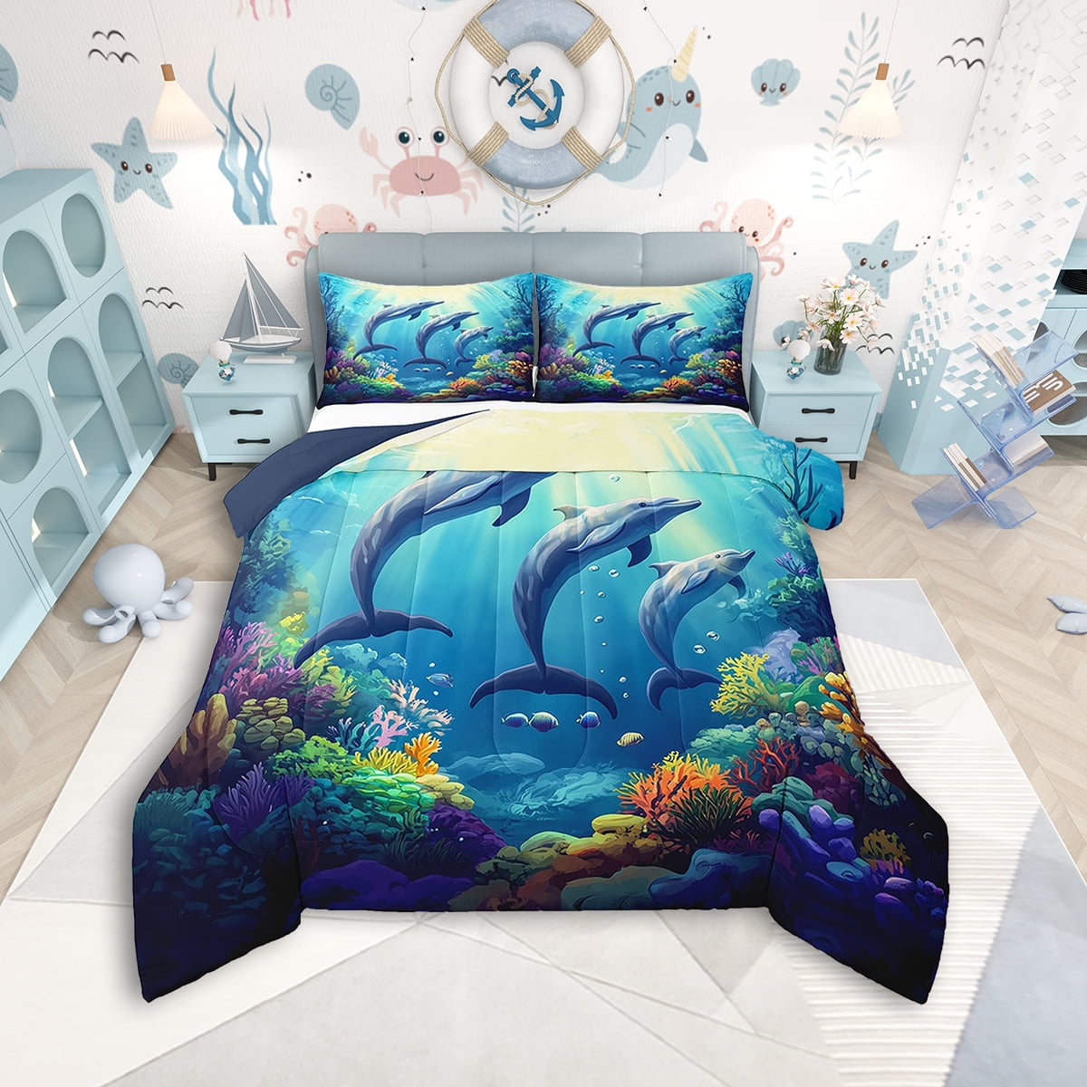 Erosebridal Dolphin Comforter Set Full Size Cute Ocean Animal Jumping ...