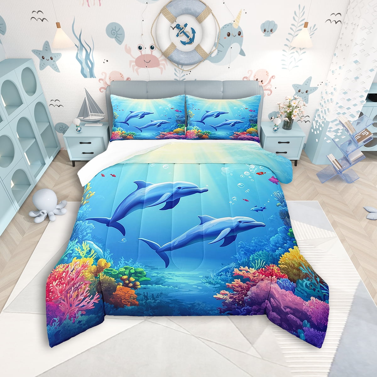 Erosebridal Dolphin Comforter Set Full Size Fish Bedding Set Ocean ...