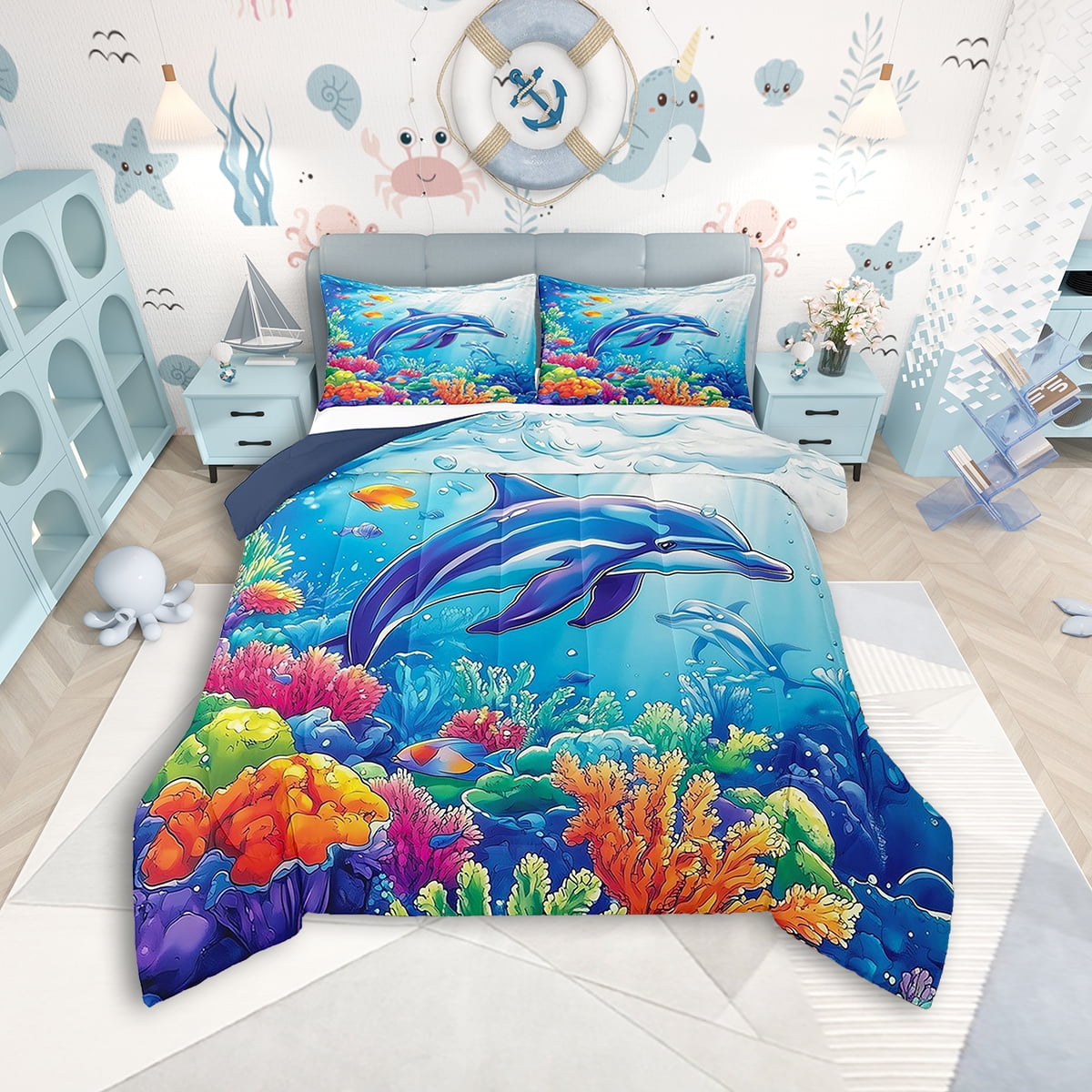 Erosebridal Dolphin Comforter Set Queen Size Fish Bedding Set Sea ...