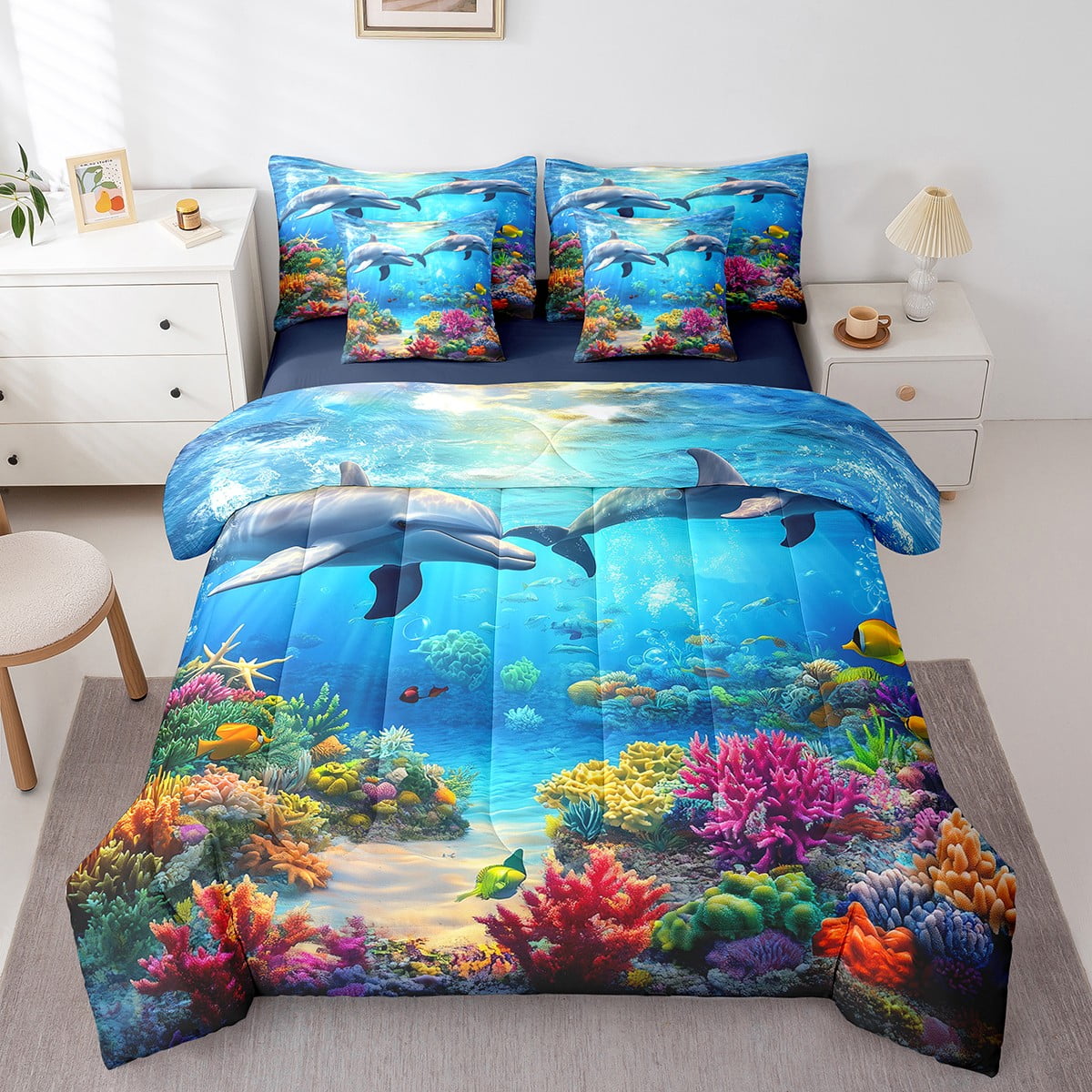Erosebridal Dolphin Comforter Set Twin 7 Pcs Kawaii Ocean Animal Fish ...